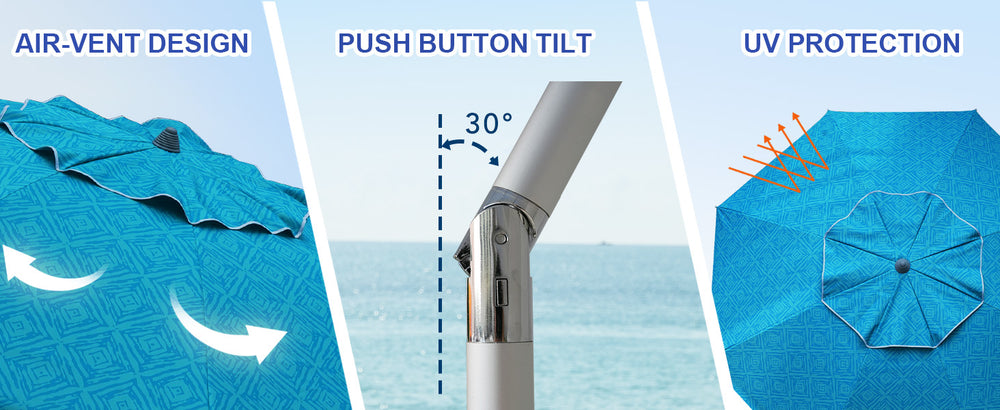 AMMSUN 6.5ft Beach Umbrella with Sand Anchor & Table,Sky Blue Paint ...
